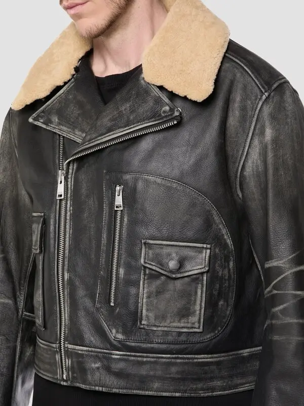 PURPLE BRAND Faux-shearling Collar Leather Moto Jacket