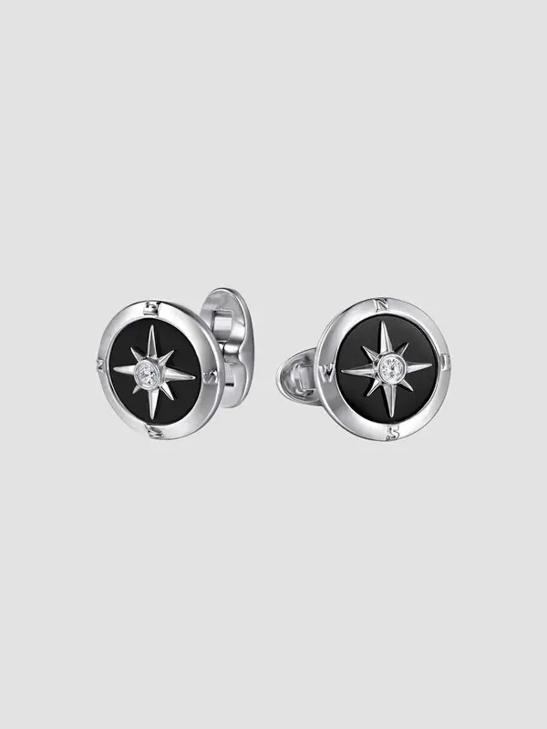 GABRIEL & CO Polaris Sterling Black Onyx & 0.09 Tcw Diamond Compass Cufflinks
