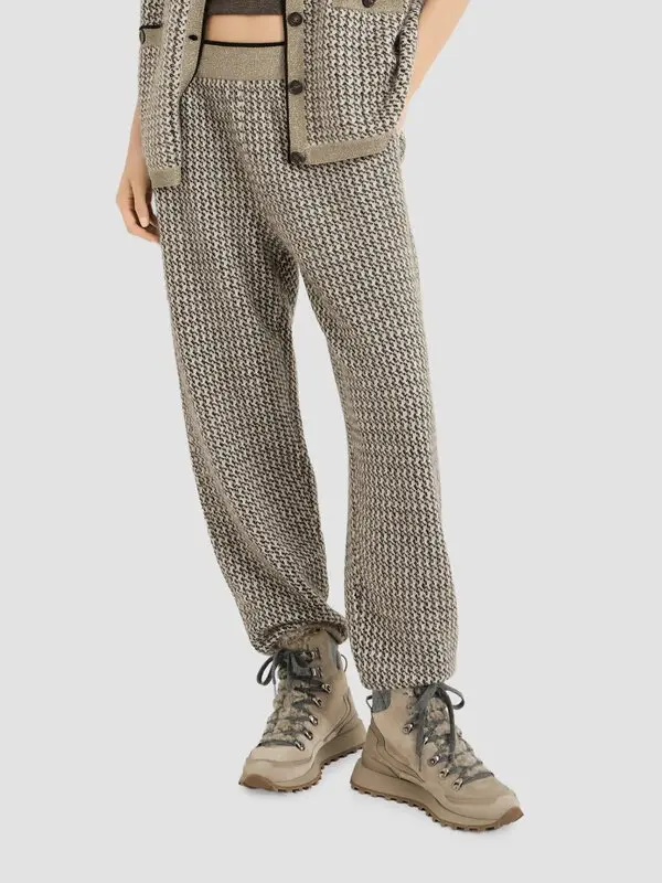 Brunello Cucinelli Mohair, Virgin Wool And Cashmere Sparklin Ghoundstooth Knit Track Trousers - Light Brown