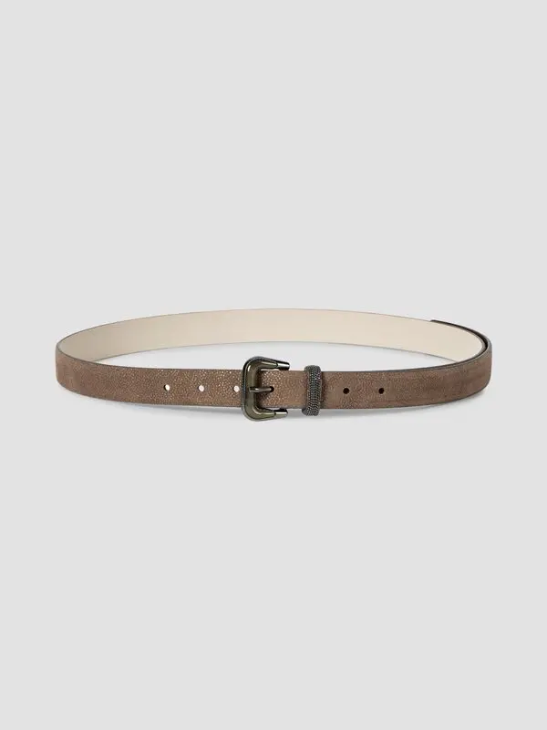 Brunello Cucinelli Sparkling Textured Leather Belt With Monili - Bark