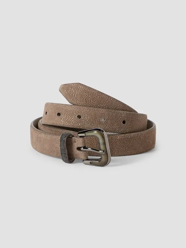 Brunello Cucinelli Sparkling Textured Leather Belt With Monili - Bark