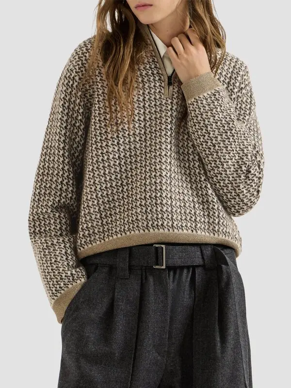 Brunello Cucinelli Mohair, Virgin Wool And Cashmere Sparkling Houndstooth Turtleneck Sweater - Light Brown