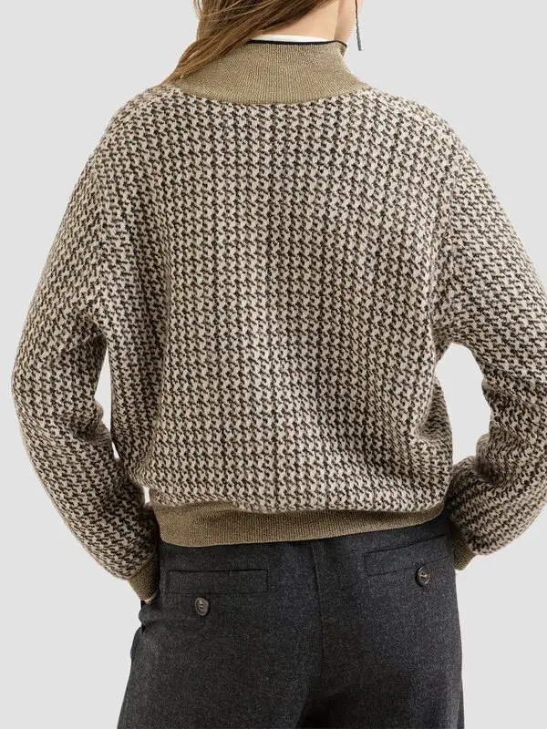 Brunello Cucinelli Mohair, Virgin Wool And Cashmere Sparkling Houndstooth Turtleneck Sweater - Light Brown