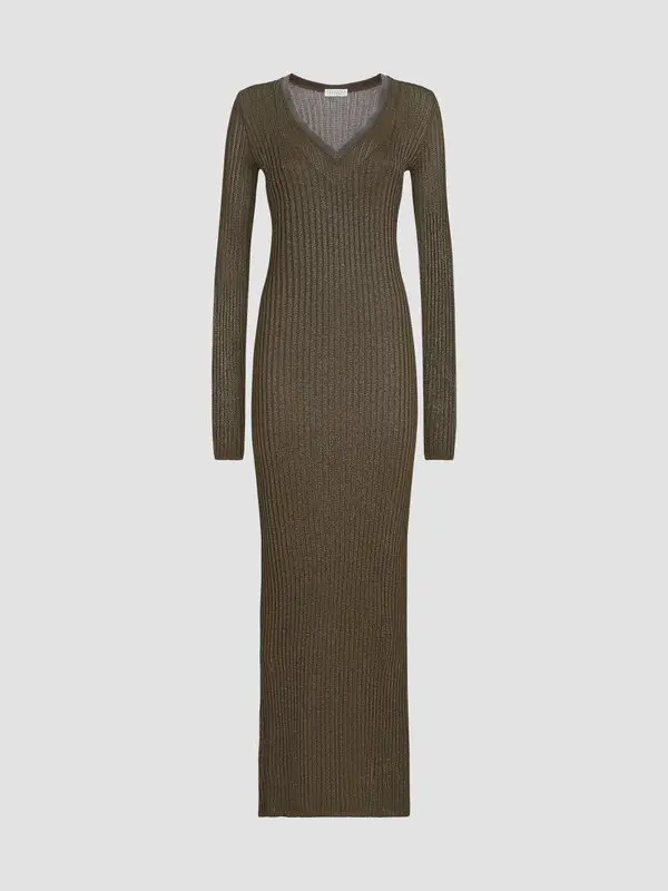 Brunello Cucinelli Sparkling Rib Knit Dress With Precious Collar
