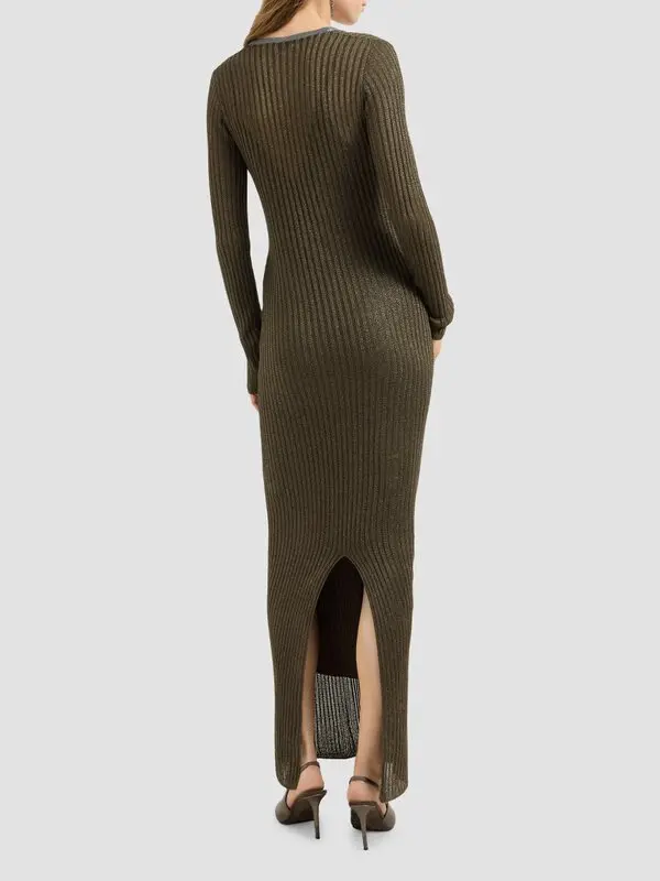 Brunello Cucinelli Sparkling Rib Knit Dress With Precious Collar