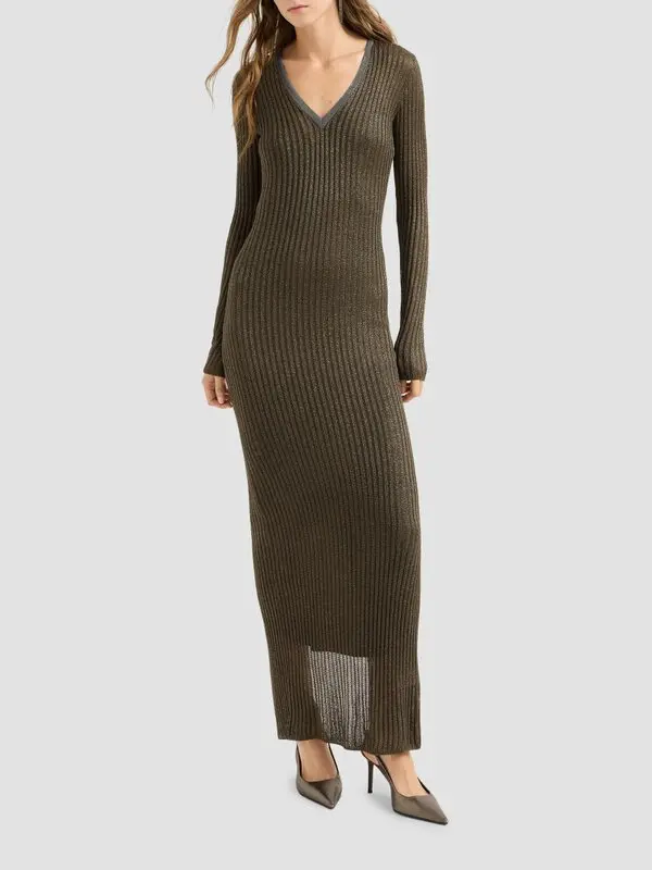 Brunello Cucinelli Sparkling Rib Knit Dress With Precious Collar