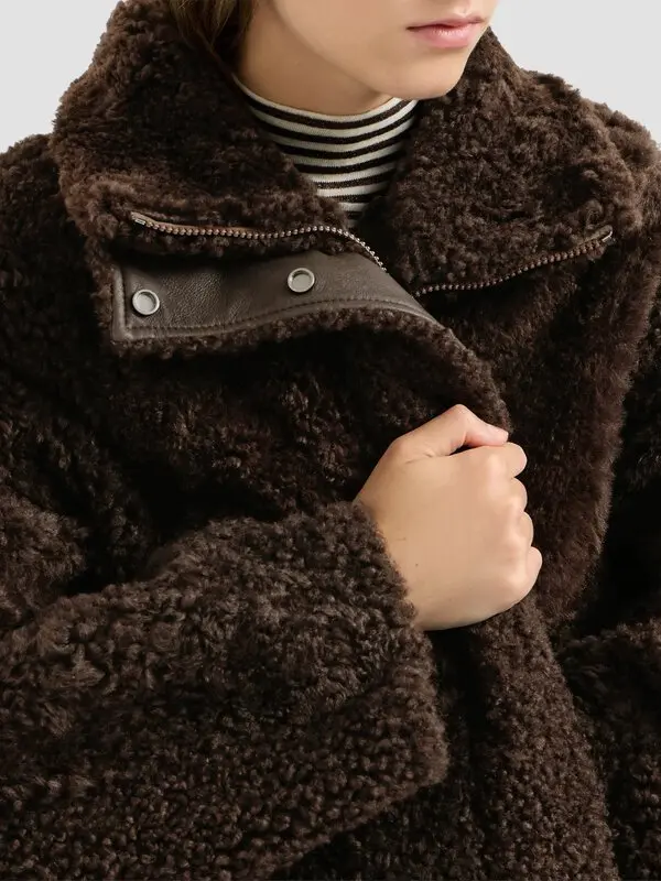 Brunello Cucinelli Fuzzy Shearling Coat With Shiny Zipper Pull
