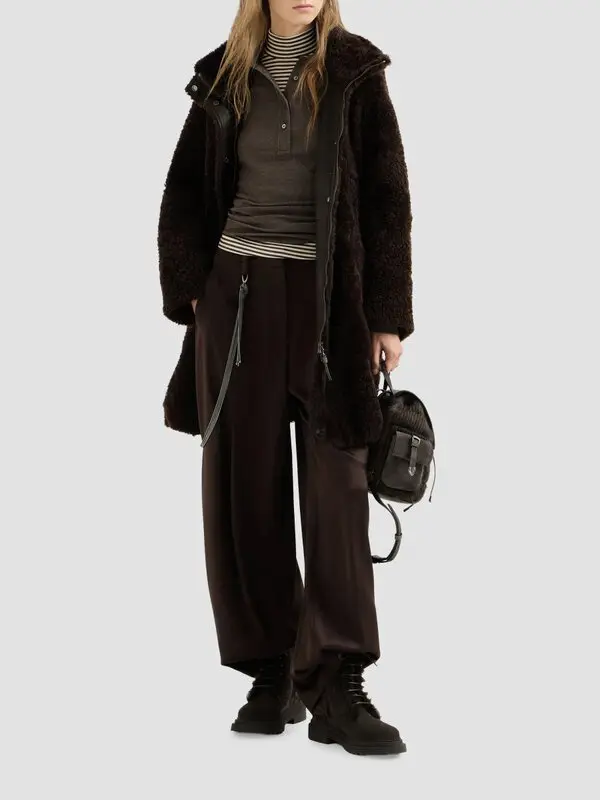 Brunello Cucinelli Fuzzy Shearling Coat With Shiny Zipper Pull