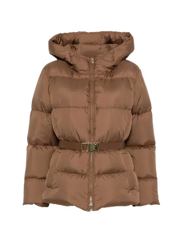Max Mara Down Jacket With Hood, Zip Front & Waist Belt - Marrone