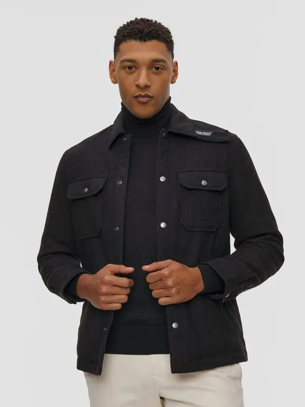 Woolrich Wool Shirt Jacket With Removable Logo Tab, Patch Pockets & Snap Cuffs