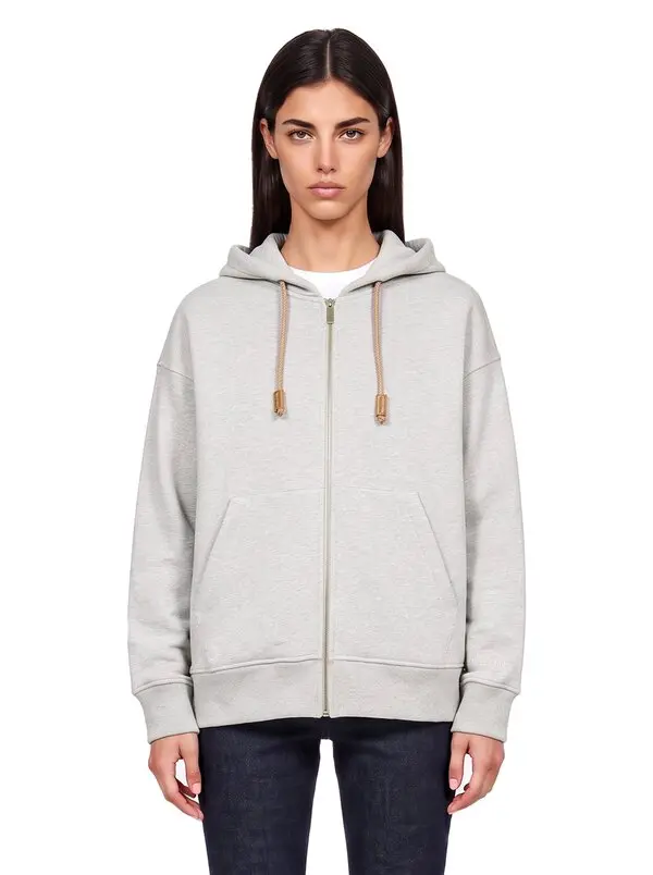 Max Mara Leather Aglet-embellished Drawstring Hood Sweatshirt With Front Zip Pouch Pockets - Grigio