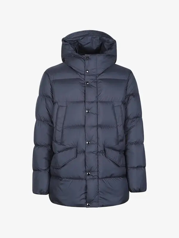 Woolrich Horizontal Quilted Hooded Jacket With Turtleneck, Drawstring Hem & Concealed Pockets - Blu