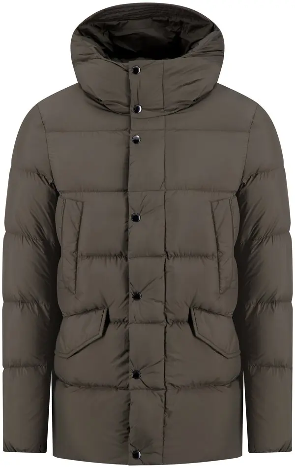 Woolrich Horizontal Quilted Hooded Puffer Jacket With Turtleneck - Verde