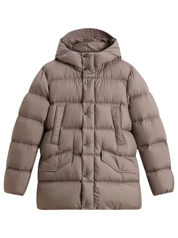 Woolrich Horizontal Quilted Hooded Puffer Jacket With Turtleneck & Adjustable Hem - Marrone
