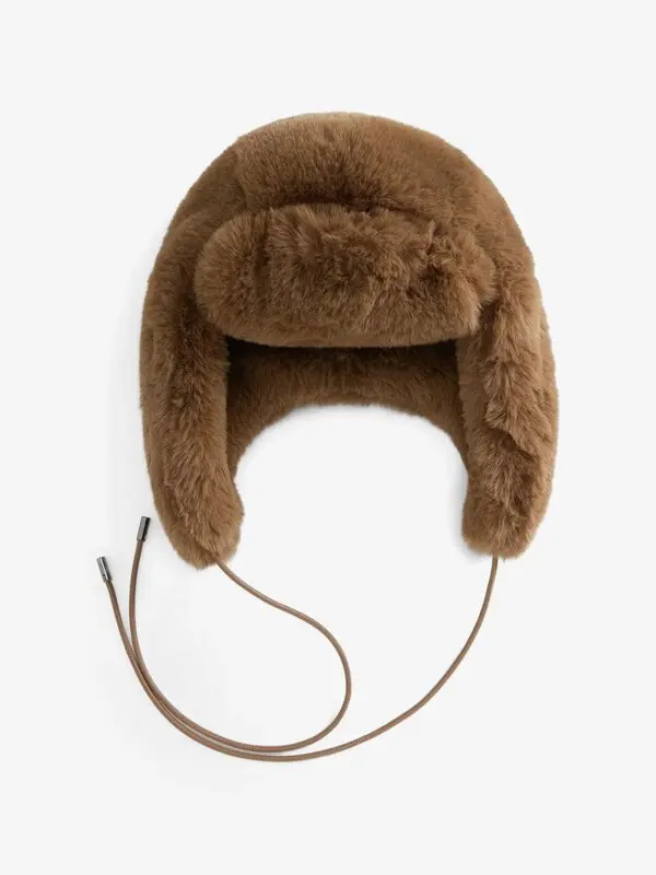 Woolrich Faux Fur Hat With Adjustable Leather Drawstring And Contrasting Lining - Marrone
