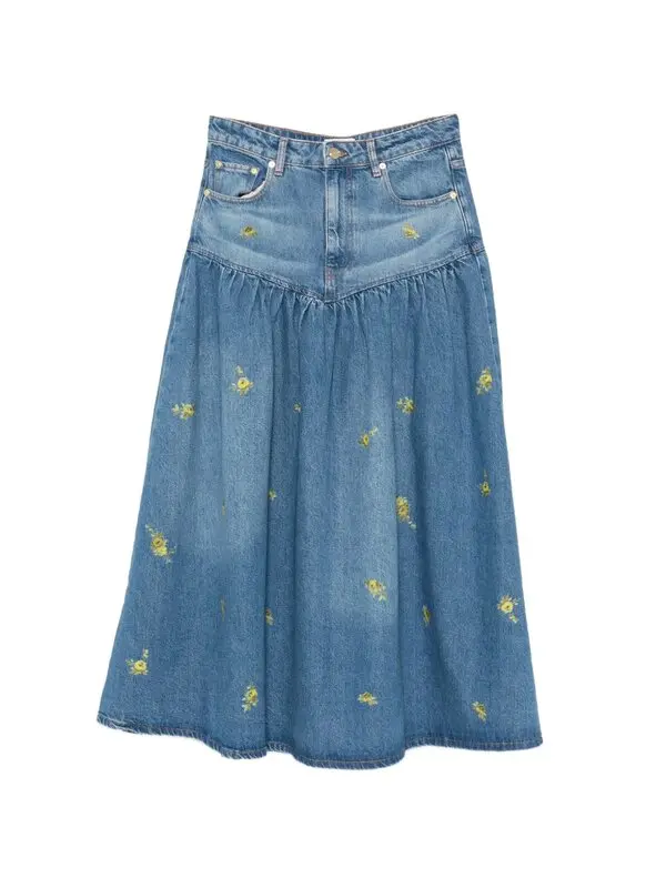 GANNI Long Denim Skirt With Floral Print - Blu
