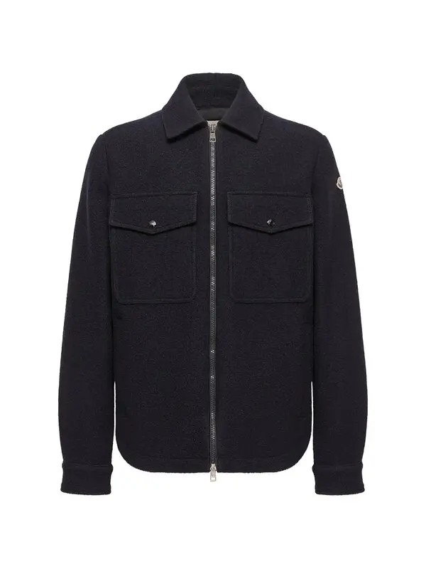 Moncler Virgin Wool Collared Jacket With Zipper, Chest And Side Pockets - Blu