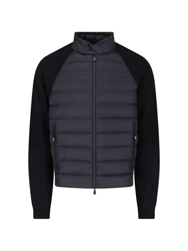 Moncler Down-filled Long Season Front Wool Sweater With Rib Knit And Snap Collar - Nero