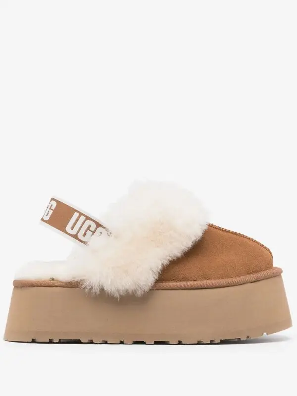 UGG Suede Slide Sandals With Sheepskin Collar And Elastic Logo Strap - Marrone