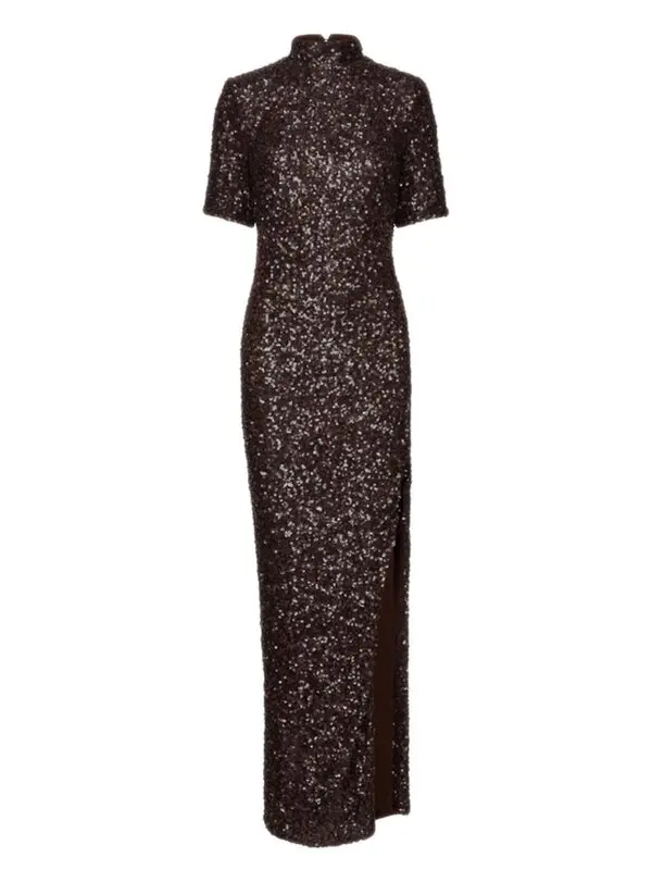 ROTATE BY BIRGER CHRISTENSEN High-neck Sequin Maxi Dress With Short Sleeves And Deep Side Slit - Marrone