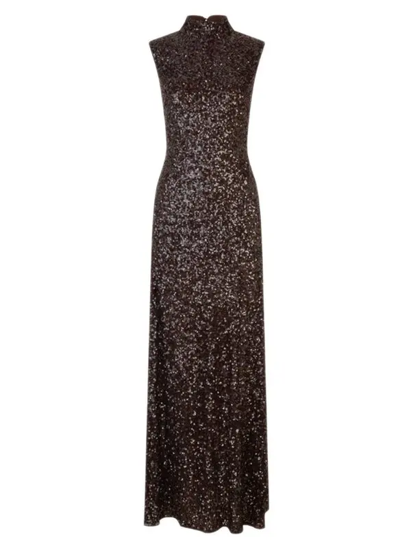 ROTATE BY BIRGER CHRISTENSEN Flared Sequin Maxi Dress With High Neck Sleeveless Back Zip - Marrone