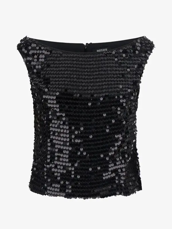 ROTATE BY BIRGER CHRISTENSEN Sequin Mini Top Sleeveless Off-the-shoulder With Back Zip - Nero