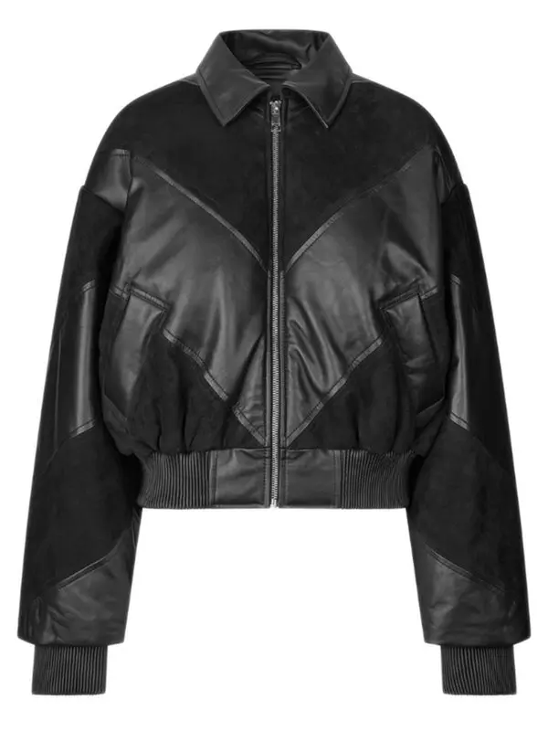 ROTATE BY BIRGER CHRISTENSEN Cropped Mini Leather Bomber Jacket With Contrasting Leather And Suede Panels - Nero