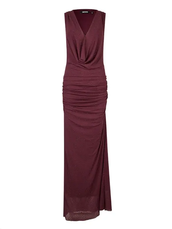 ROTATE BY BIRGER CHRISTENSEN Sleeveless Halter Neck Maxi Dress With Draped V-neckline And Stone Embellishment - Rosso