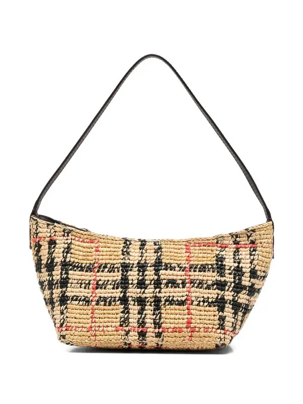 Burberry Raffia Check Handbag With Leather Shoulder Strap - Beige