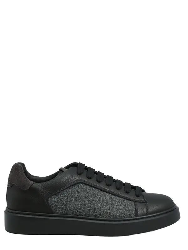 DOUCAL'S Leather Sneaker With Wool Detail & Suede Heel Tab - Nero