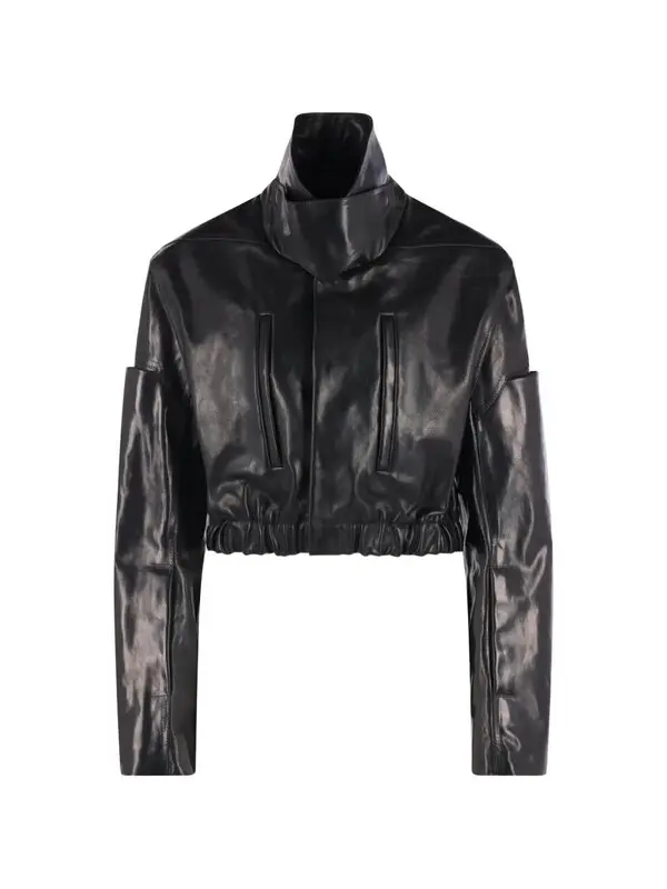 Rick Owens Stiff Leather Jacket With Removable High Collar And Drawstring Hem - Nero