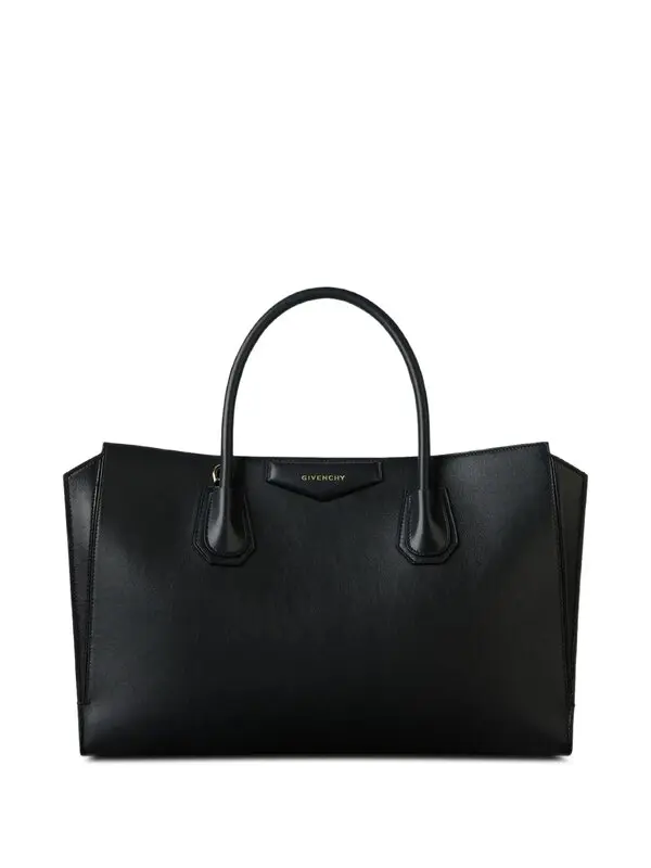 Givenchy Glossy Calfskin Medium Handbag With Pentagonal Gold-embossed Signature - Nero