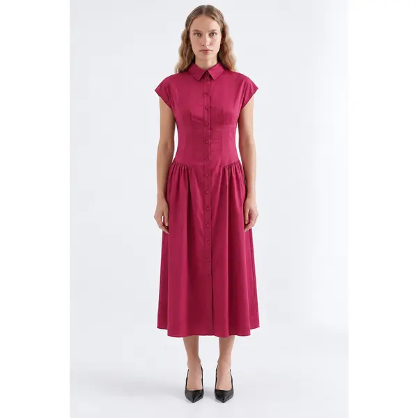 EXQUISE Dropped Sleeve Fitted Midi Dress - Cherry