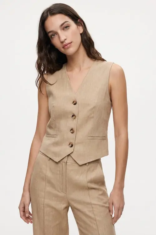 EXQUISE Linen Blend Vest With Back Buckle