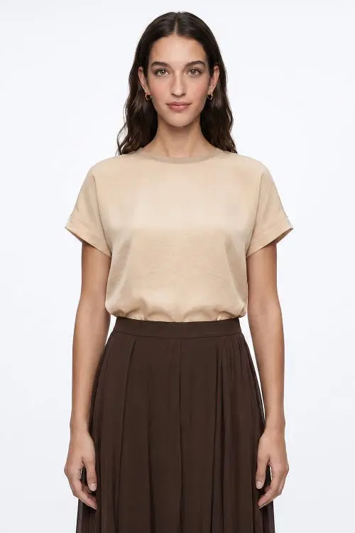 EXQUISE Short Sleeve Satin Blouse With Ribbed Round Neck