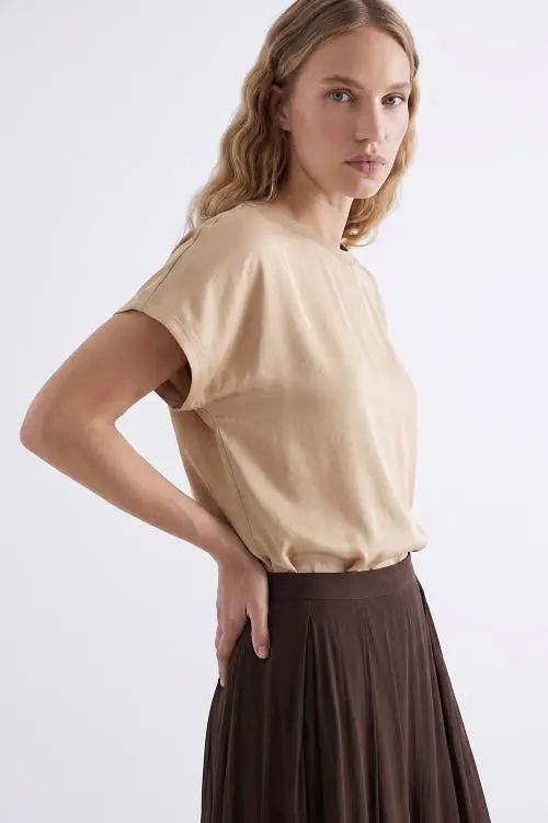 EXQUISE Short Sleeve Satin Blouse With Ribbed Round Neck