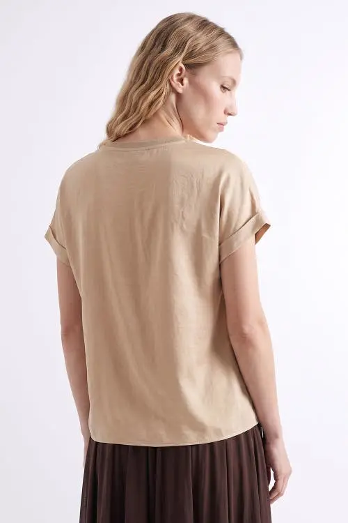 EXQUISE Short Sleeve Satin Blouse With Ribbed Round Neck