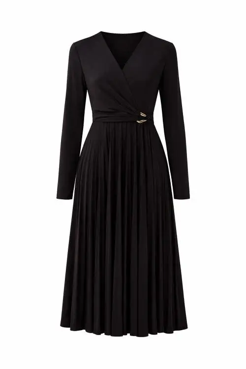 EXQUISE Braeden Pleated Knit Wrap Midi Dress