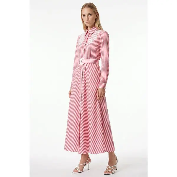 EXQUISE Embroide Long Sleeve Midi Shirt Dress With Belt - Red