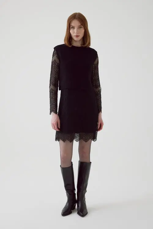 EXQUISE Aric Lace Detail Mini Dress With Knit Vest