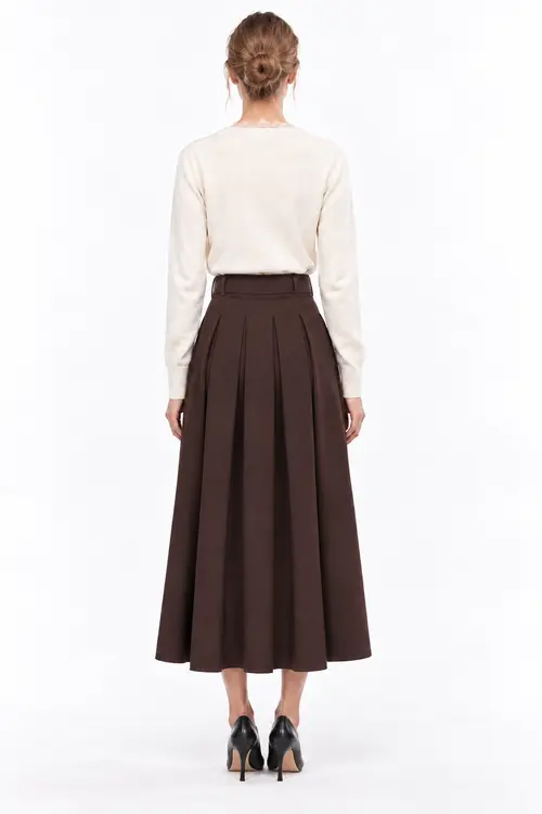 EXQUISE High Waist Pleated Midi Skirt With Buckle Belt - Brown