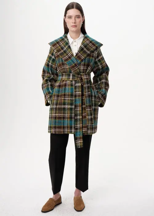 EXQUISE Belted Hooded Woven Coat With Pockets - Green