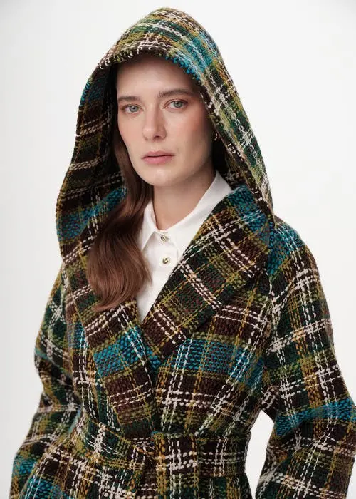 EXQUISE Belted Hooded Woven Coat With Pockets - Green