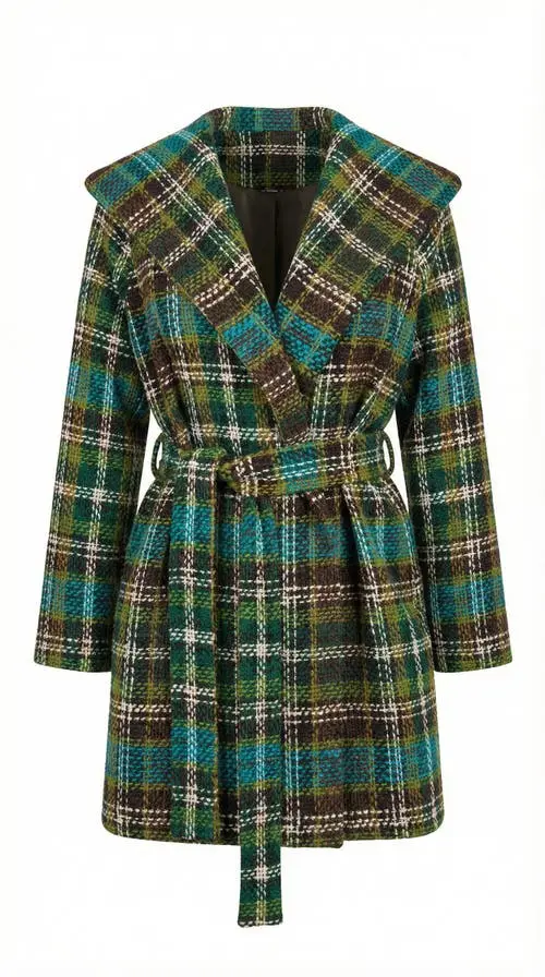 EXQUISE Belted Hooded Woven Coat With Pockets - Green