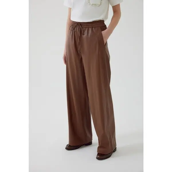 EXQUISE Vegan Leather Trousers With Pockets And Elastic Waist - Brown