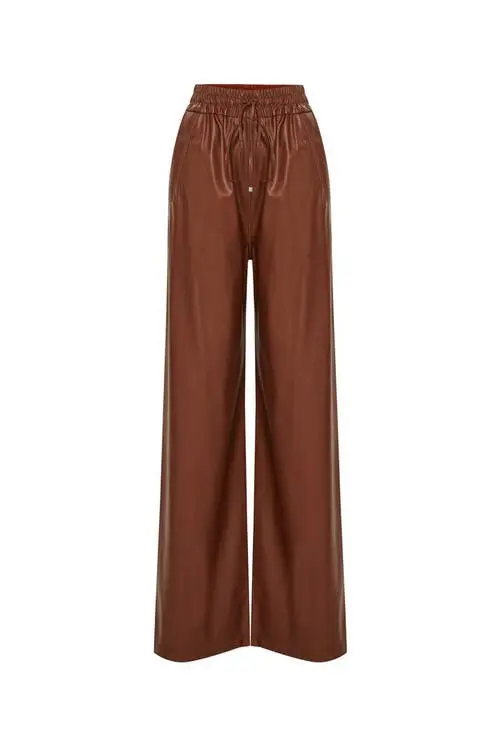 EXQUISE Vegan Leather Trousers With Pockets And Elastic Waist