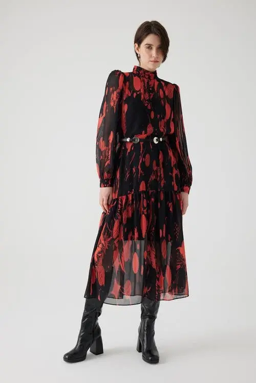 EXQUISE Allyn Tie Chiffon Midi Dress