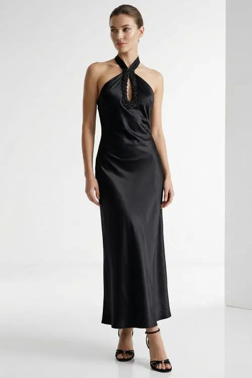 EXQUISE Jennifer Beaded Halter Neck Satin Maxi Dress