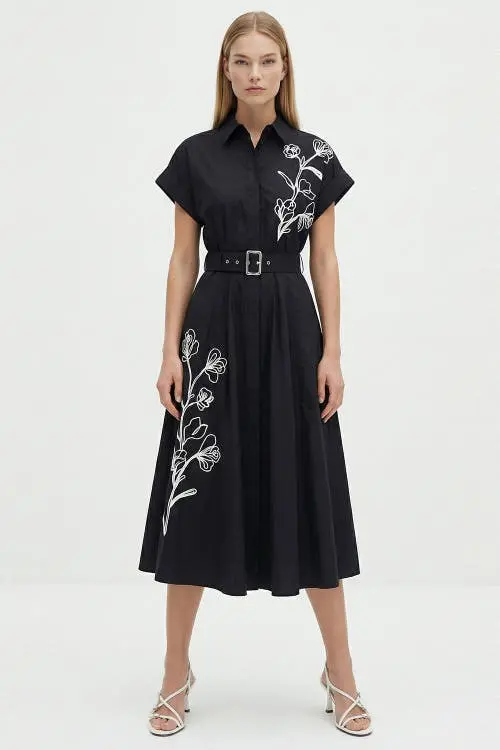 EXQUISE Miriam Embroidered Midi Shirt Dress