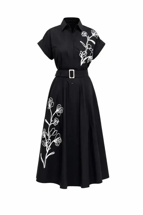 EXQUISE Miriam Embroidered Midi Shirt Dress